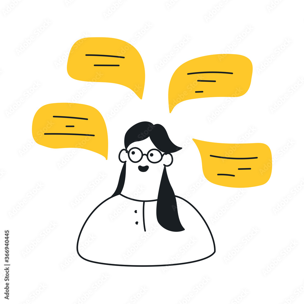 Cute cartoon girl with chat bubbles around her head. The dialogue ...
