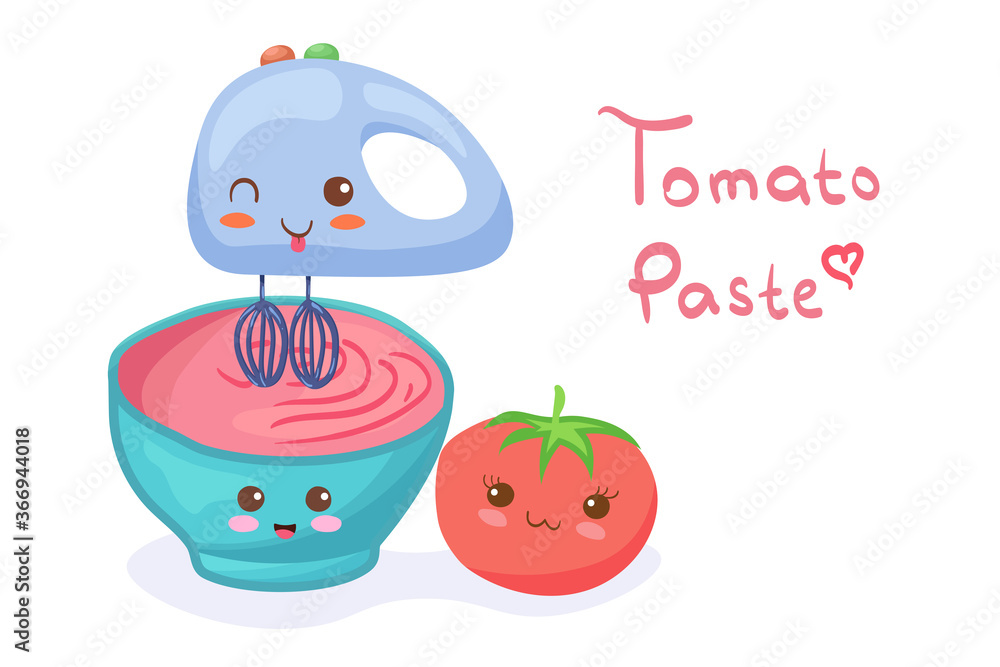 Kawaii Tomato Paste in Bowl with mixer. Cartoon happy & smiling food ...