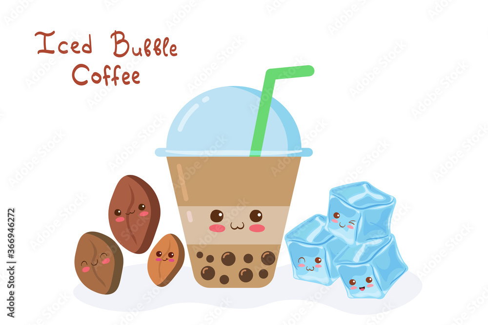Kawaii cartoon Iced Coffee with Bubbles characters with funny faces ...