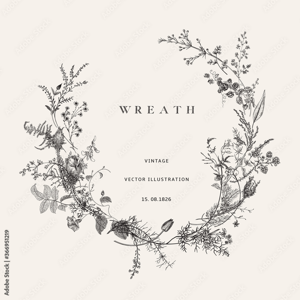 Vintage floral vector wreath. Victorian. Flora. Black and white Stock ...