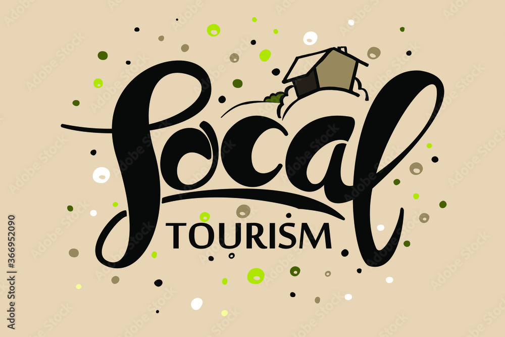 Local tourism handwritten text with line art country house. Black ...