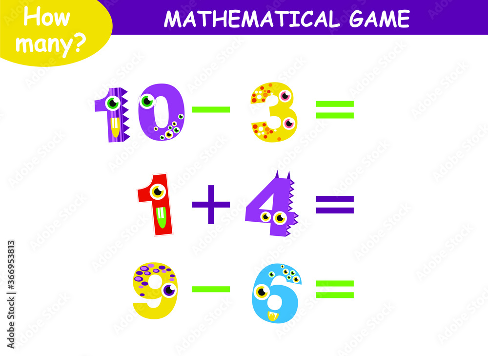 mathematical examples of addition and subtraction with cute monsters ...