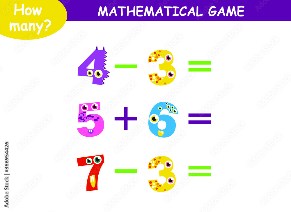 mathematical examples of addition and subtraction with cute monsters ...