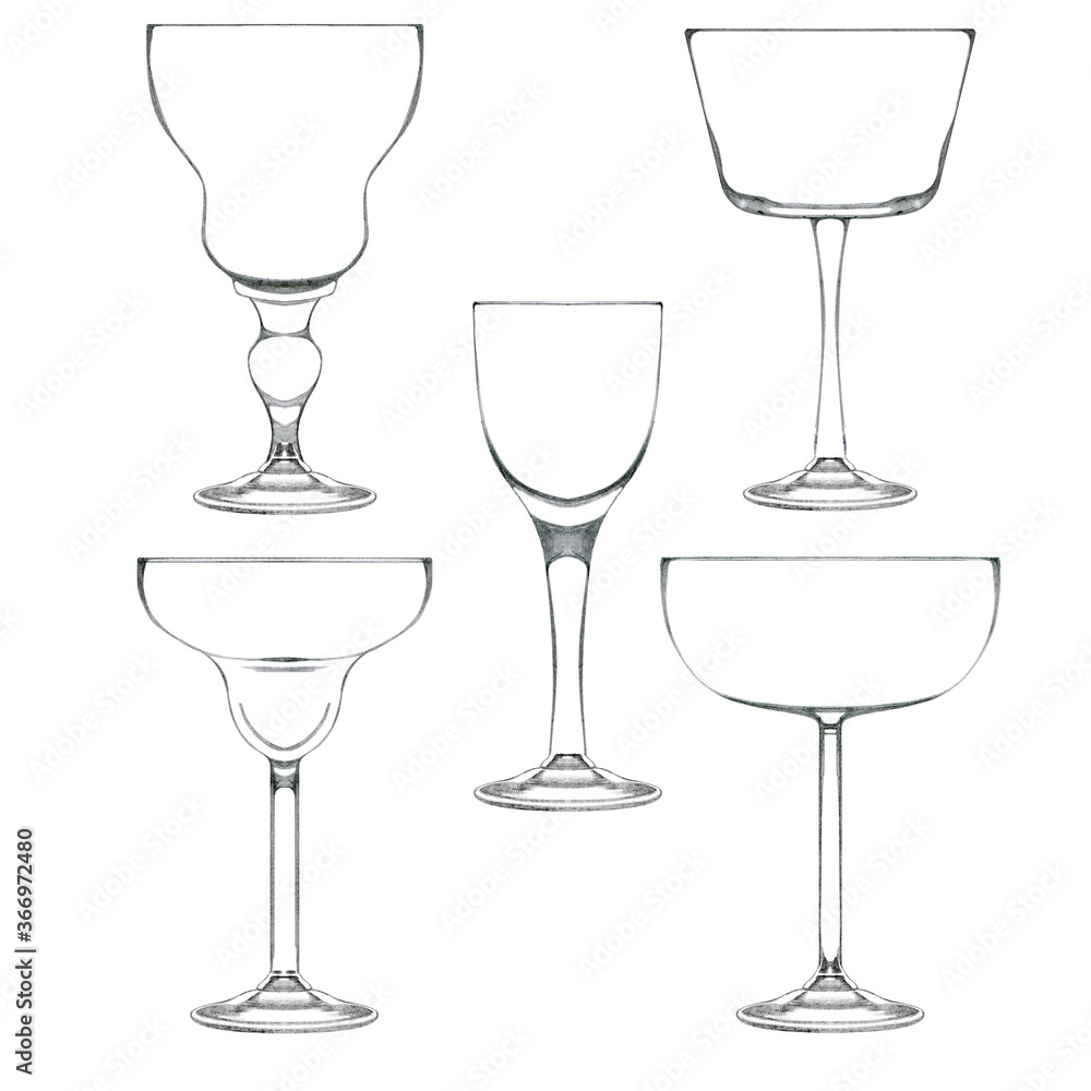 Collection of glasses for cocktail isolated on white. Hand drawn illustration. Pencil sketch of ...