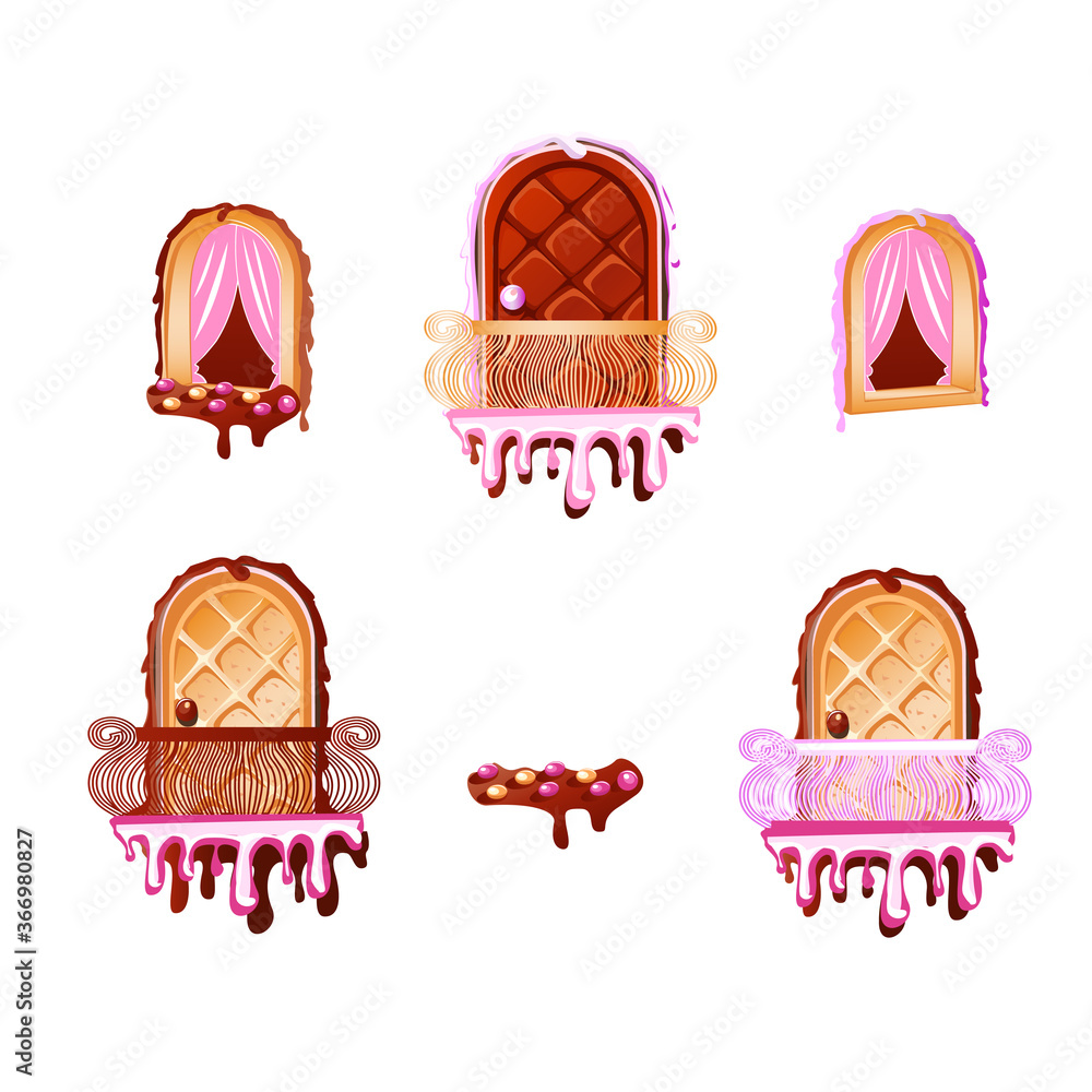 Cartoon magic balcony and window made of waffles and chocolate ...