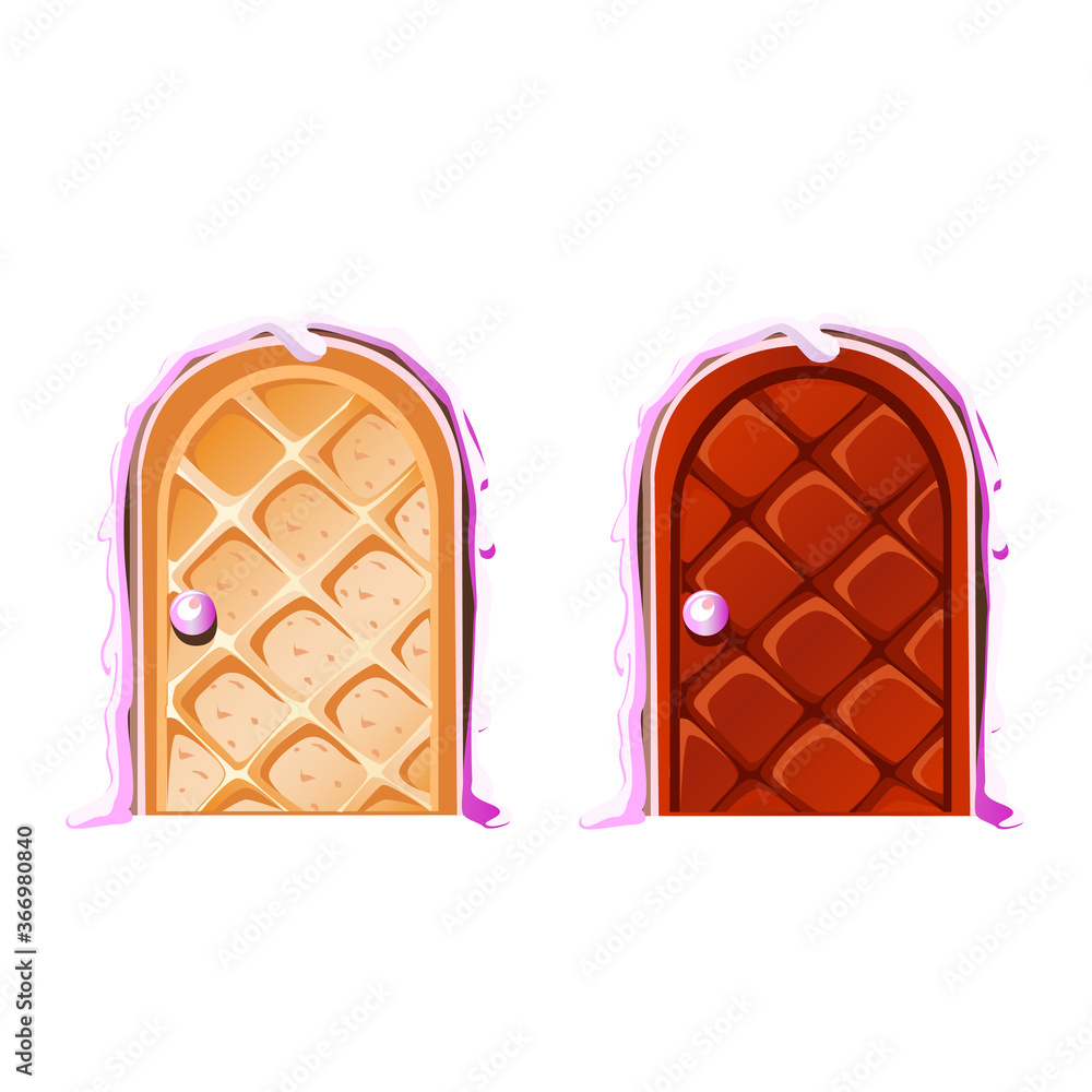 Cartoon magic doors made of waffles and chocolate. The door to the ...