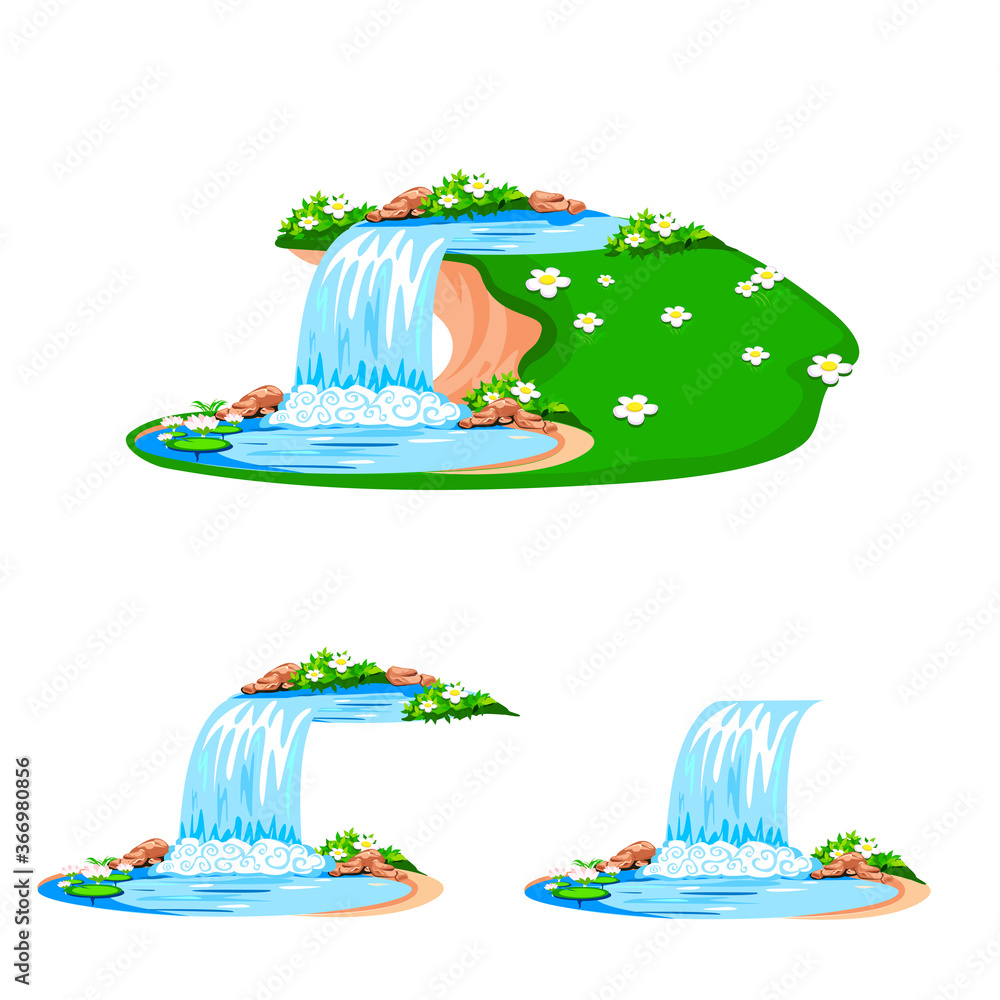 Cartoon waterfall with a pond and water lilies isolated on a white ...