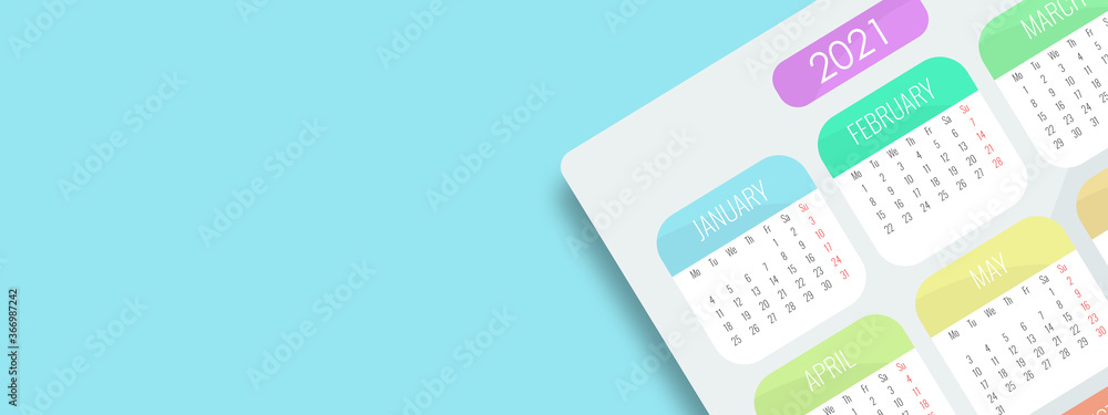 Top view of 2021 calendar sheet. The card is arranged at an angle ...