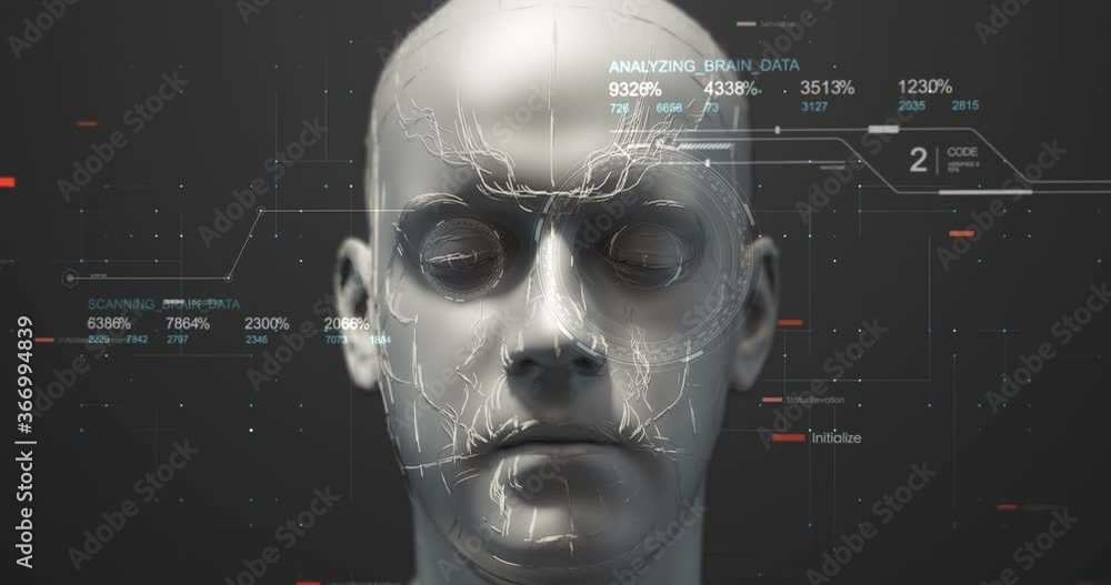 Advanced Humanoid Robot Head Zooming Slowly With HUD Data - Artificial ...