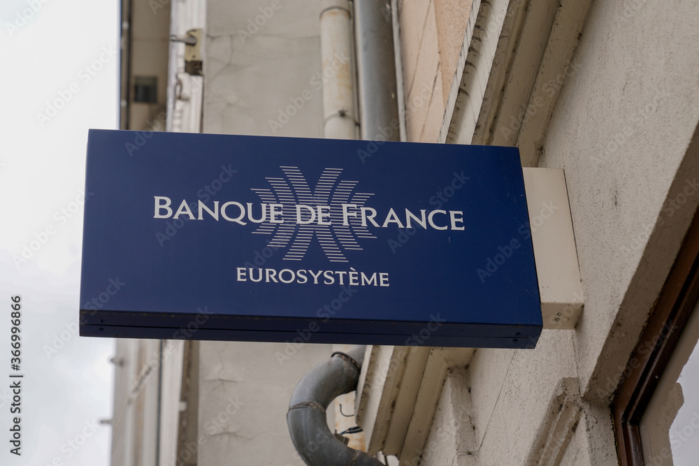 Banque de France eurosysteme text and logo sign on official building ...