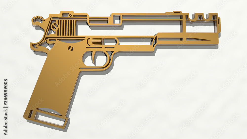 GUN on the wall. 3D illustration of metallic sculpture over a white ...