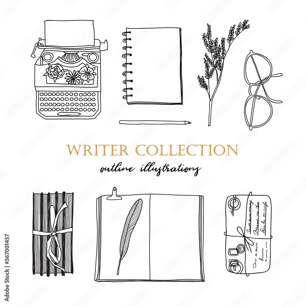 Writer collection. Writing icons, line art illustrations on white ...