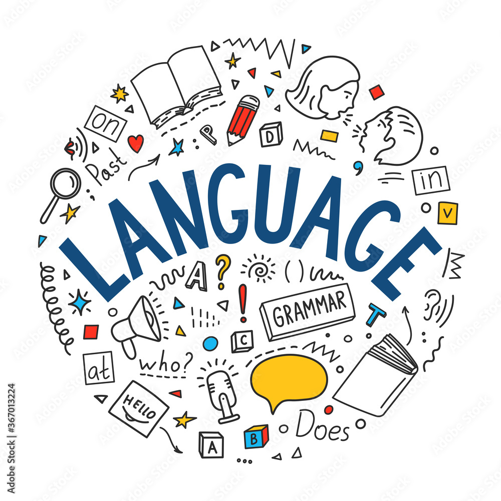 Language. Language hand drawn doodles and lettering on white background ...