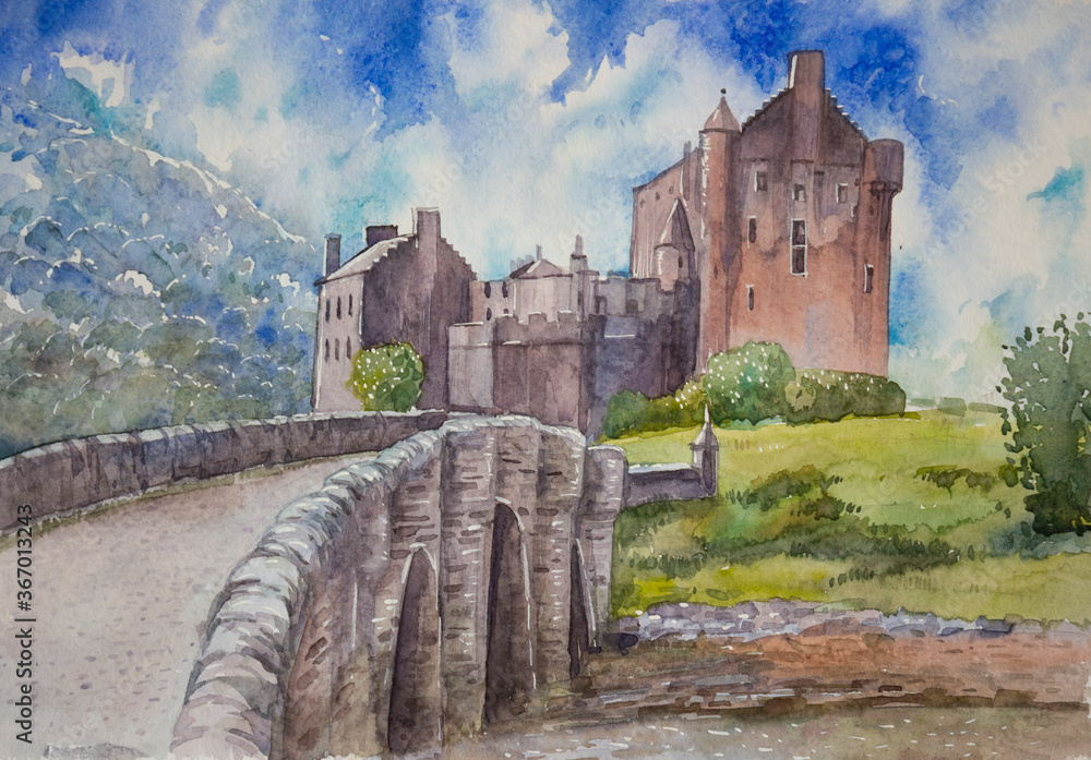 Drawing of the ancient medieval Eilean Donan castle and the old bridge ...