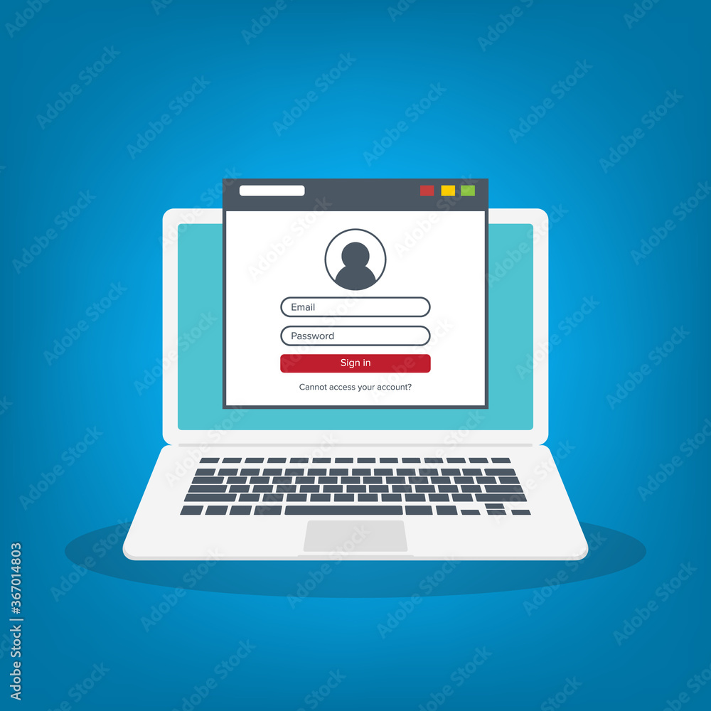 Login page on laptop screen. Notebook and online login form, sign in ...