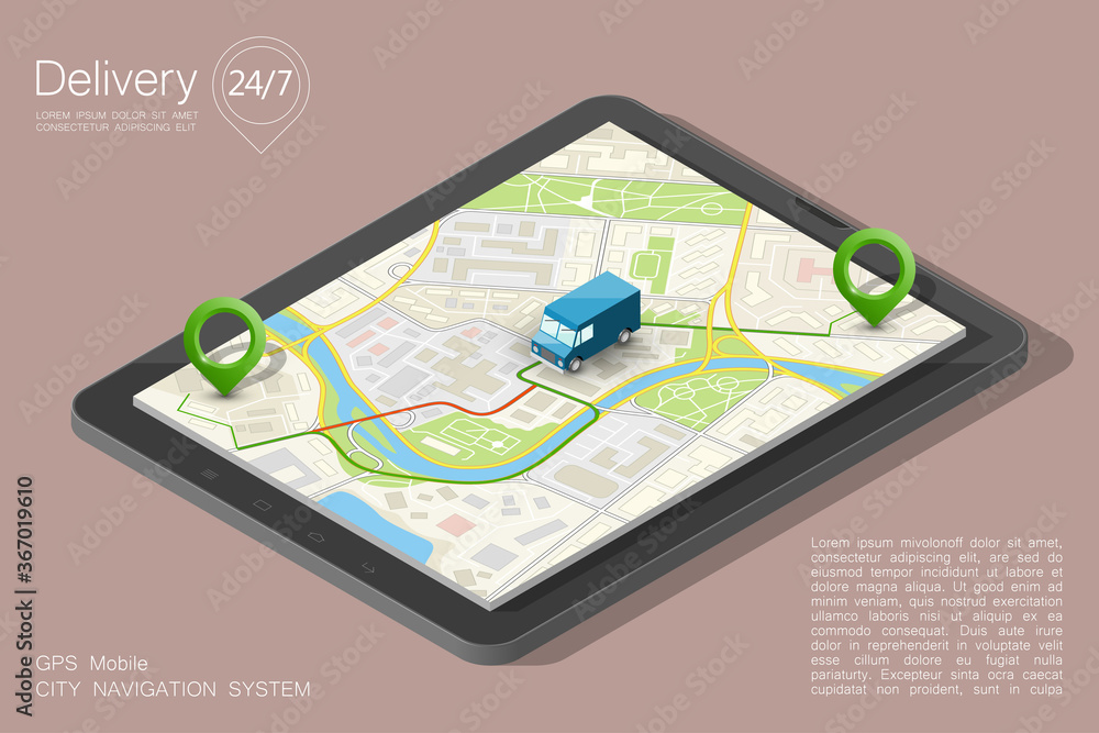 City map navigation route, phone point delivery van, isometric schema ...