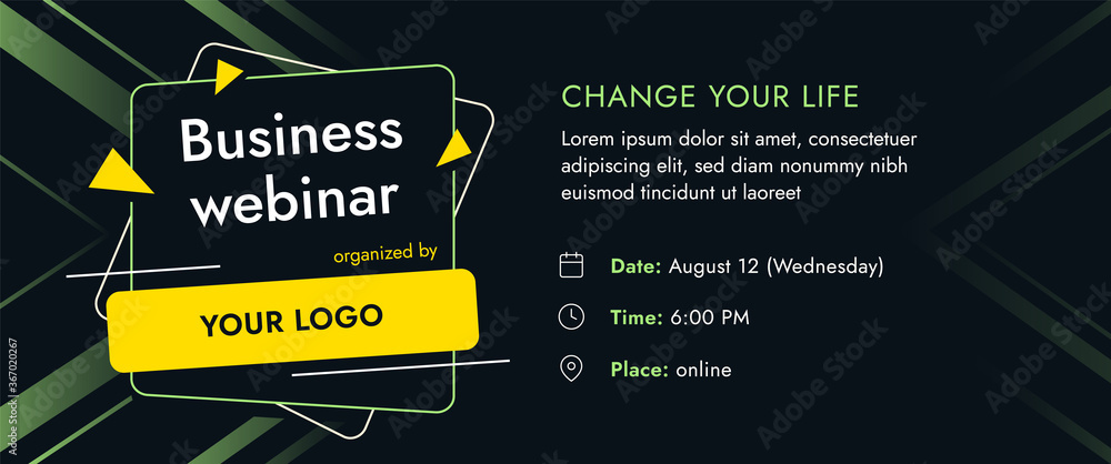 Business webinar with logo and contact data on a dark background. Green ...