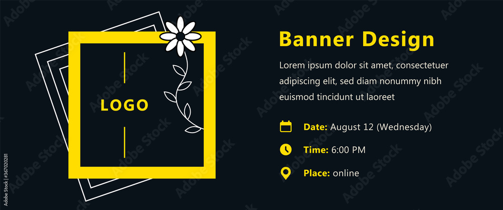 Yellow banner design with flower symbol, logo and contact data on a ...