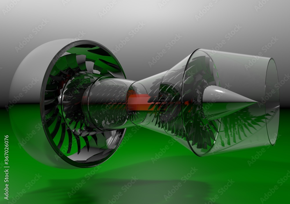 3d model of a turbo jet engine for an airplane with contours on a green ...
