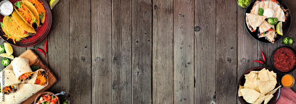 Mexican food double border, top view over a dark wood banner background ...