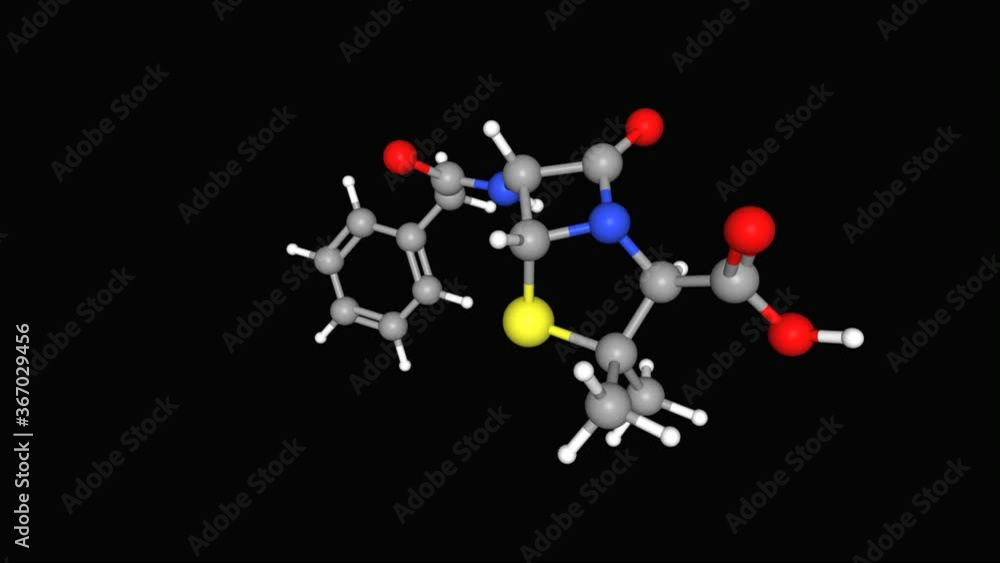 Animated rotating 3D model of antibiotic penicillin G, ball-and-stick ...