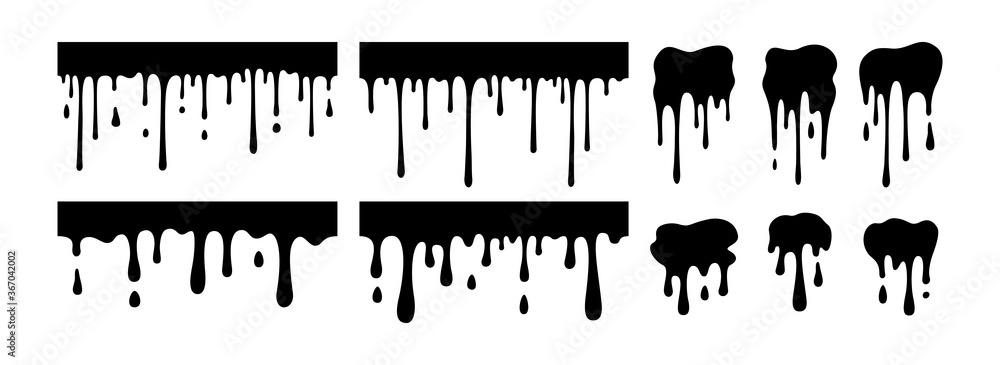 Paint dripping blob collection. Current black silhouette, ink splatter ...