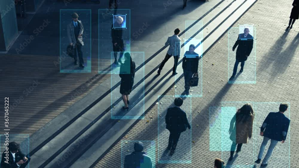 CCTV AI Facial Recognition Camera Zoom in Recognizes Person. Elevated ...