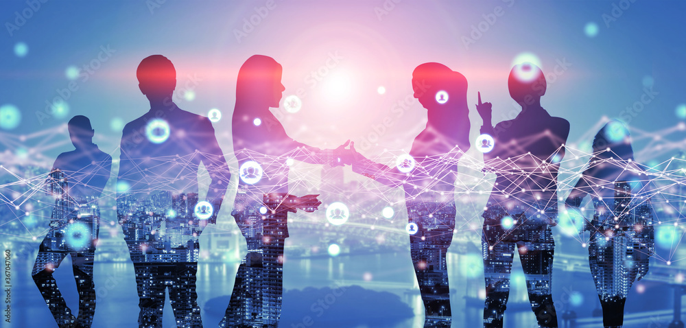 Creative image of many business people conference group meeting on city ...