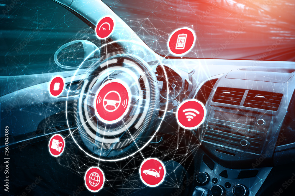 Driverless car interior with futuristic dashboard for autonomous ...