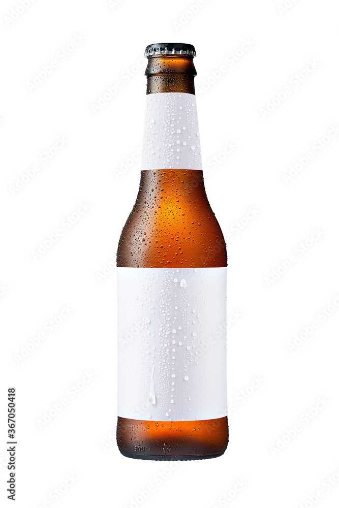 355ml brown beer bottle with drops isolated without shadow on a white ...