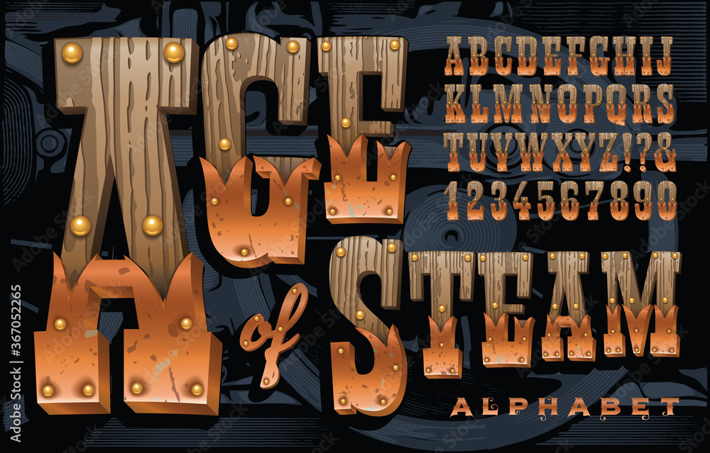 Vector Font; A Rustic Alphabet Constructed of Old Wood, Copper, and ...