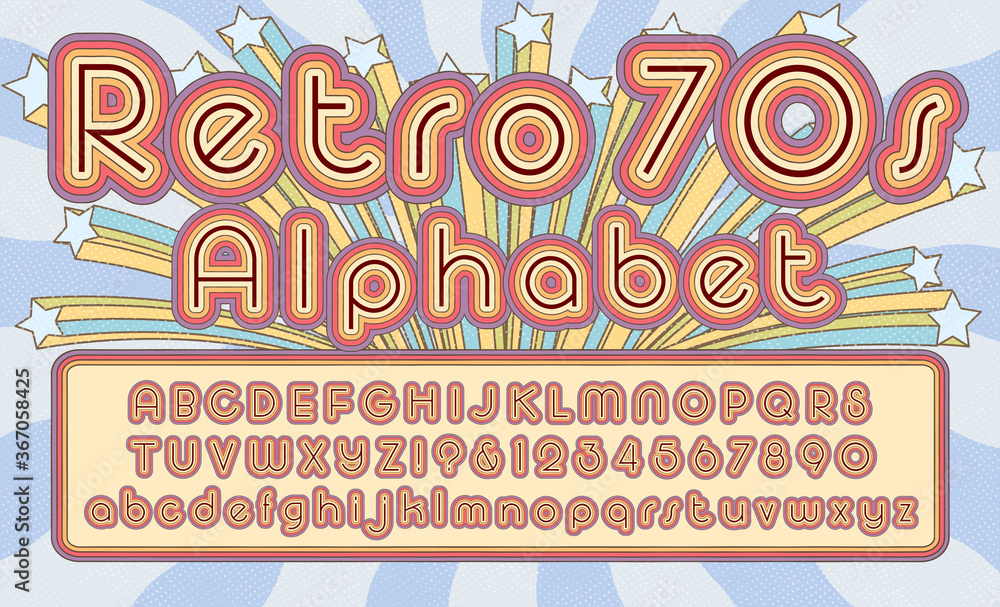 Retro 1970s Font Alphabet Design; This Brightly Colored Striped ...