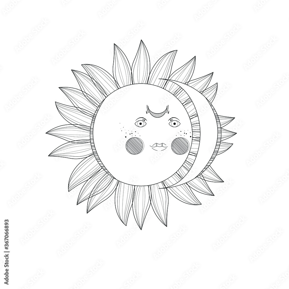 Vector illustration. Drawing of the sun. Alchemy. Sun. A big bright ...