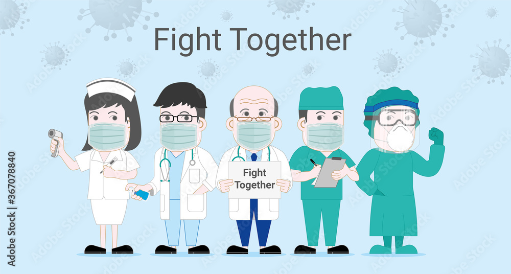 Cartoon style. Group of doctors team wearing masks and medical suits ...