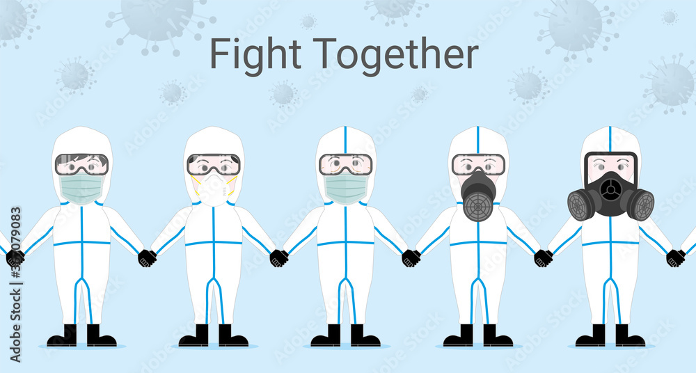 Cartoon style. Group of doctors team wearing PPE and masks. Holding the ...