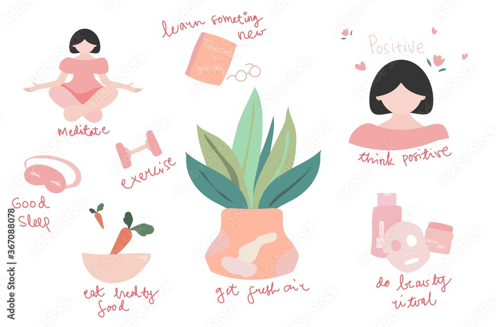 Self-care concept illustration. Flat vector. Hand drew. Stock Vector ...