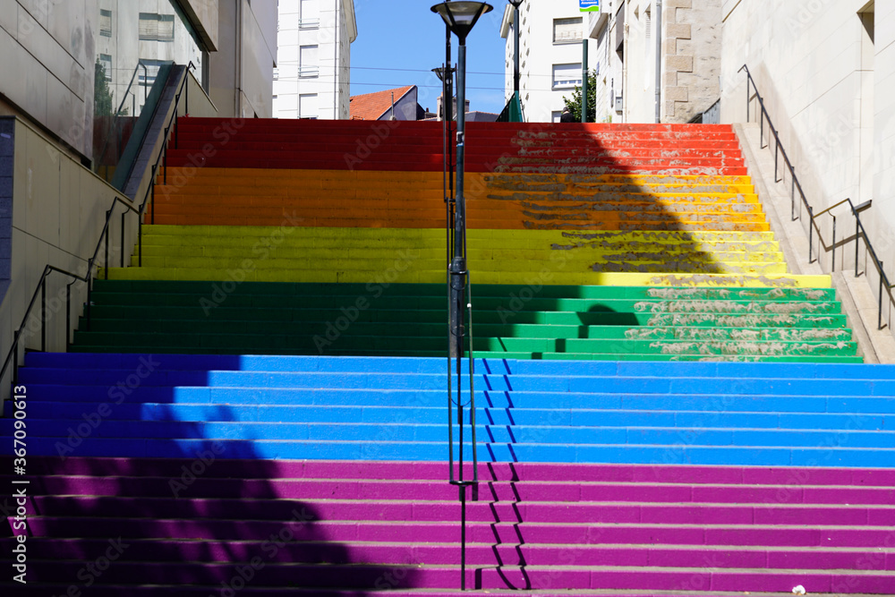 Rainbow colored step stair on a street in lgbt gay lesbian colors in ...