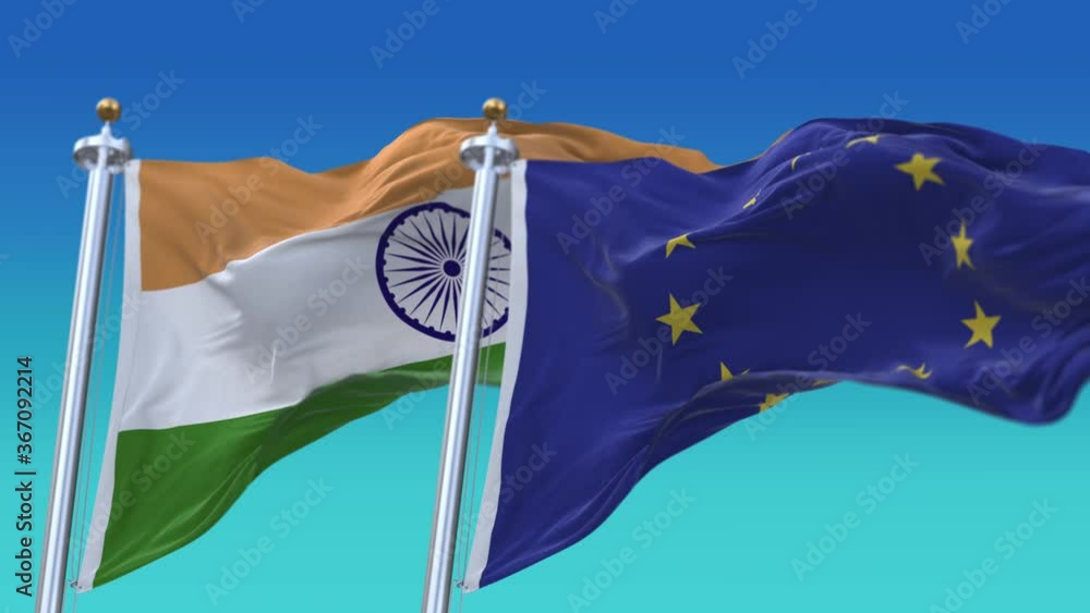 4k Seamless India and European Union Flags with blue sky background;A ...