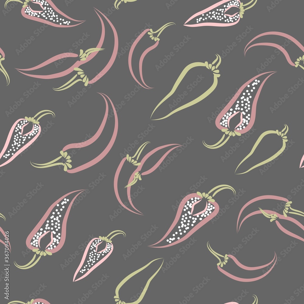 Decorative chili peppers on a dark gray background. Contours of chili ...