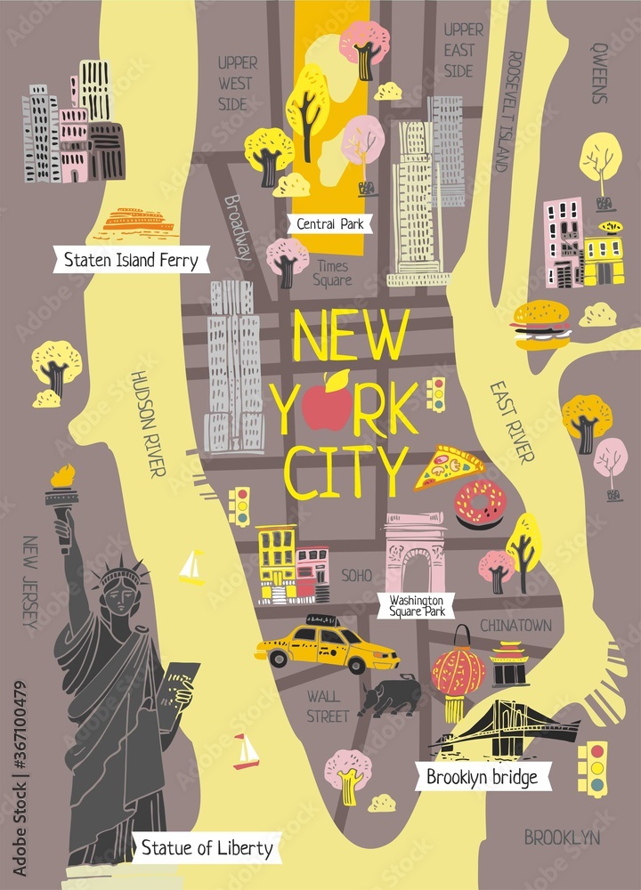Decorative New York map flat hand drawn vector illustration. American ...