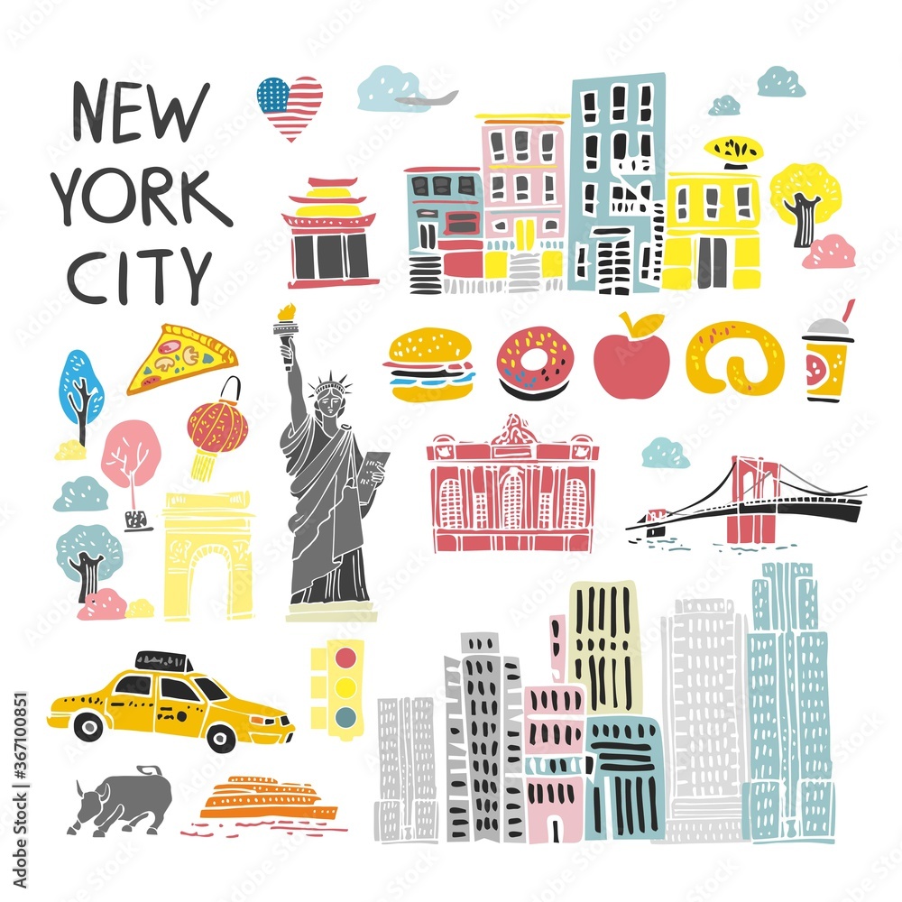 Poster Set of decorative cartoon symbols of New York drawn by hand in ...