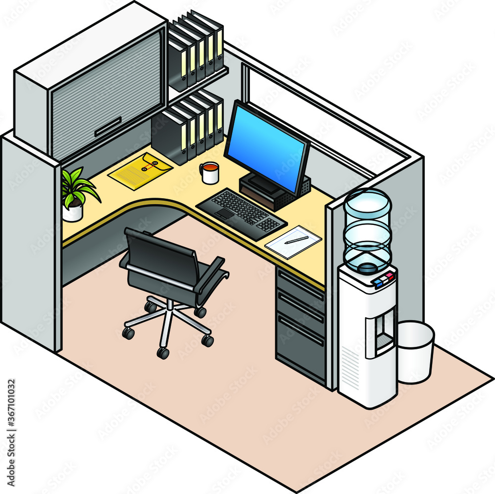 Furnished office cubicle: mid height partitions with window, drawer ...