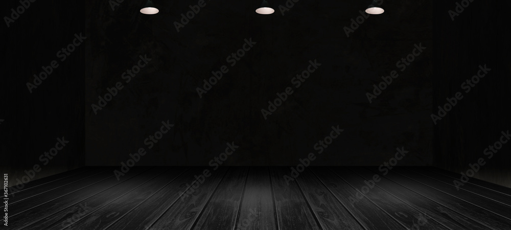 Black wooden floor and dark abstract cement wall and studio room ...