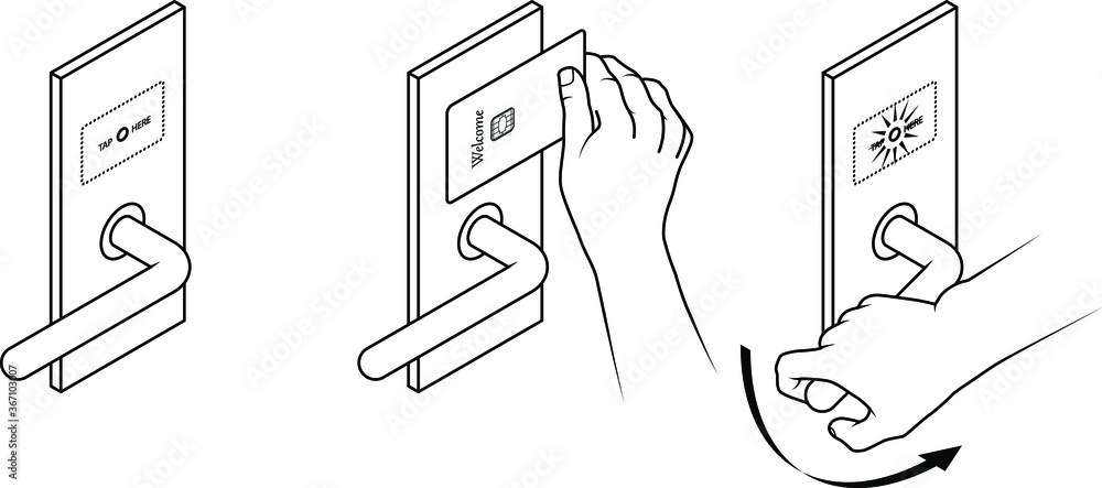 Electronic keycard door opening instructions diagram. Tap card ...