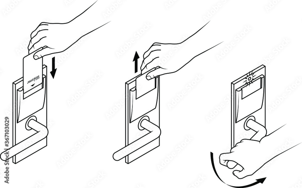 Electronic keycard door opening instructions diagram. Insert and remove ...
