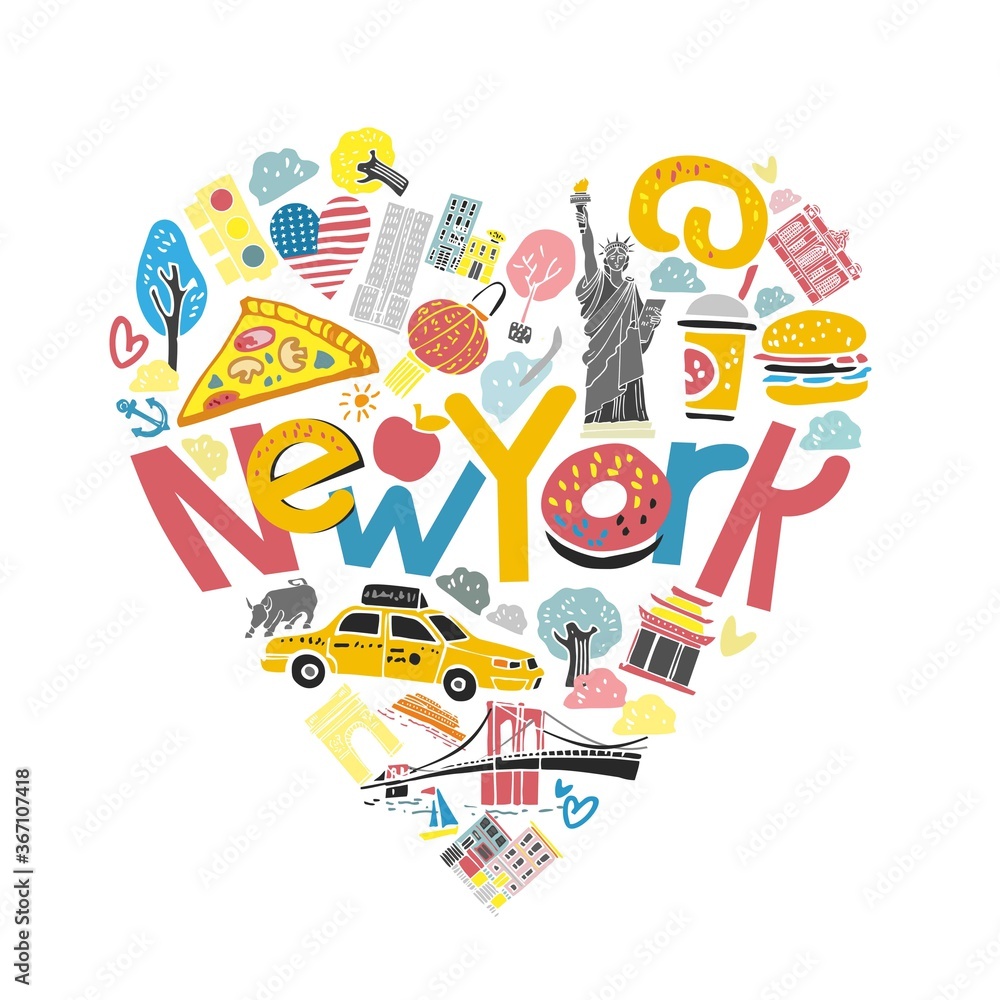 Color decorative heart with the symbols of New York and the words New ...