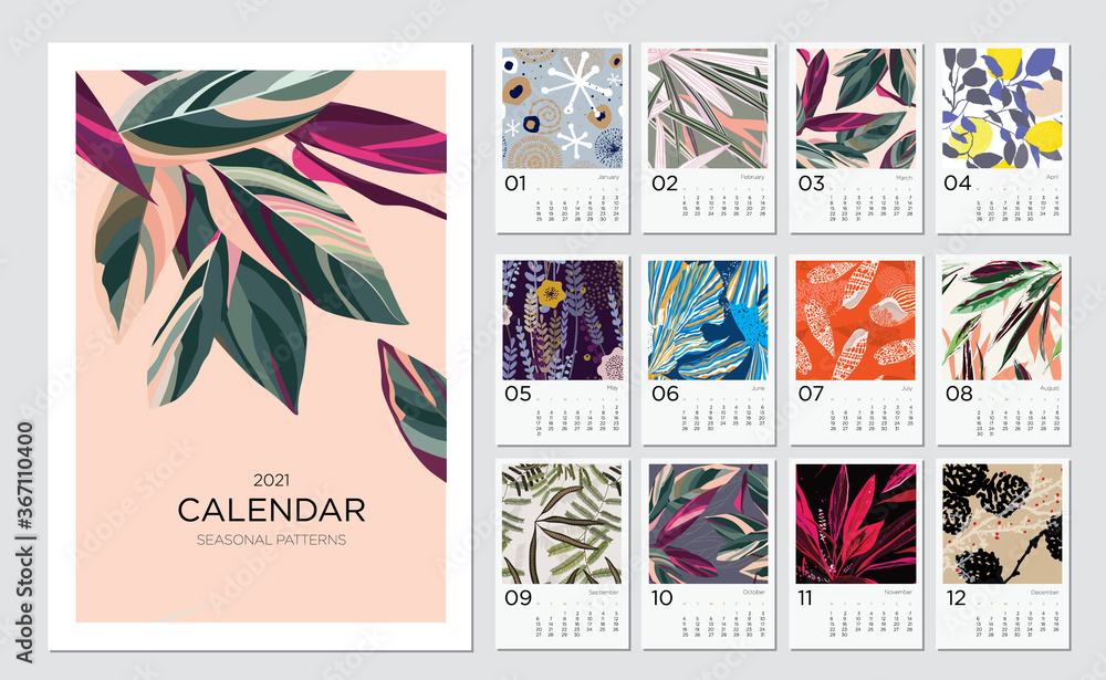 2021 calendar template. Calendar concept design with abstract natural ...