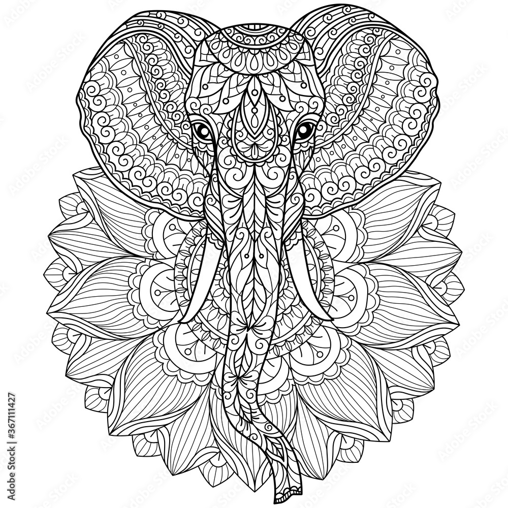 Elephant and lotus flower. Hand drawn sketch illustration for adult ...