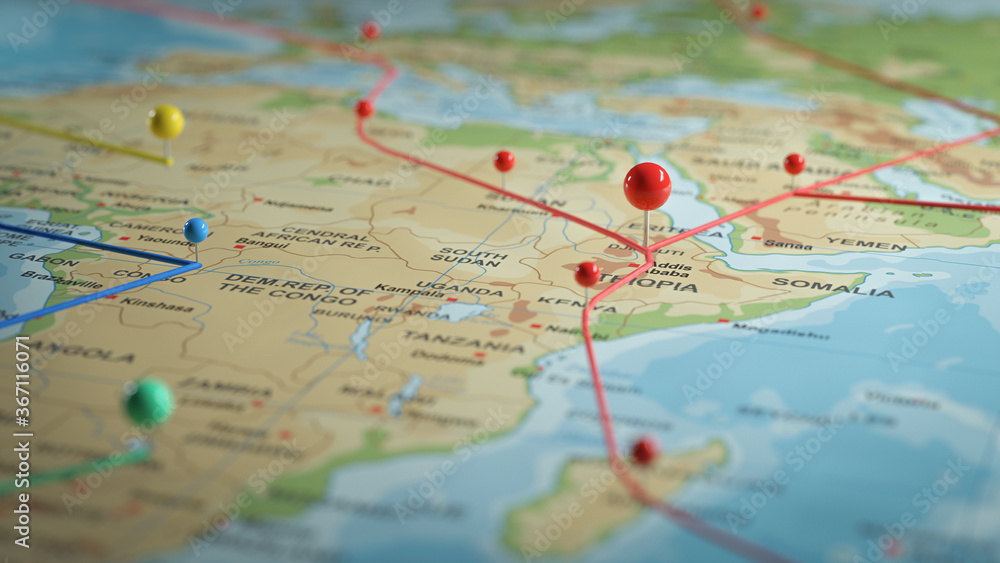 Location marking with a pin on a map with routes. Adventure, discovery ...