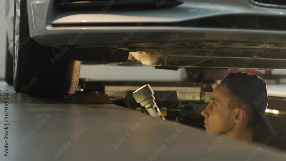 Car suspension test at automobile service. Inspection of the ...